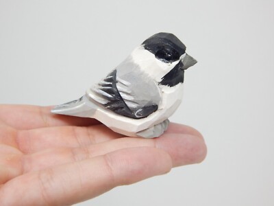 Chickadee Tit Bird Figurine Sculpture Mini Wood Art Statue Decor Carve ...