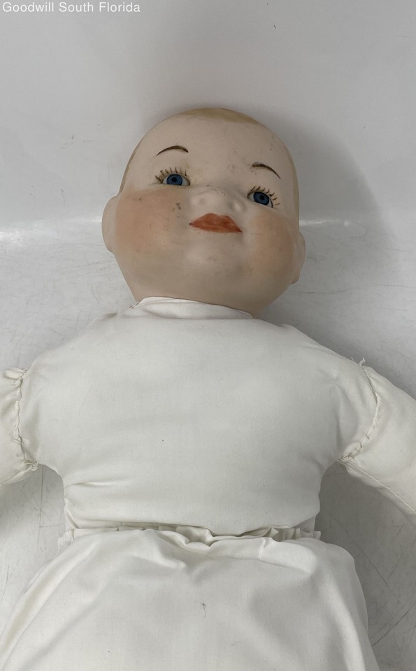 Vintage Porcelain Baby Doll In White Outfit And Knitted Socks | eBay