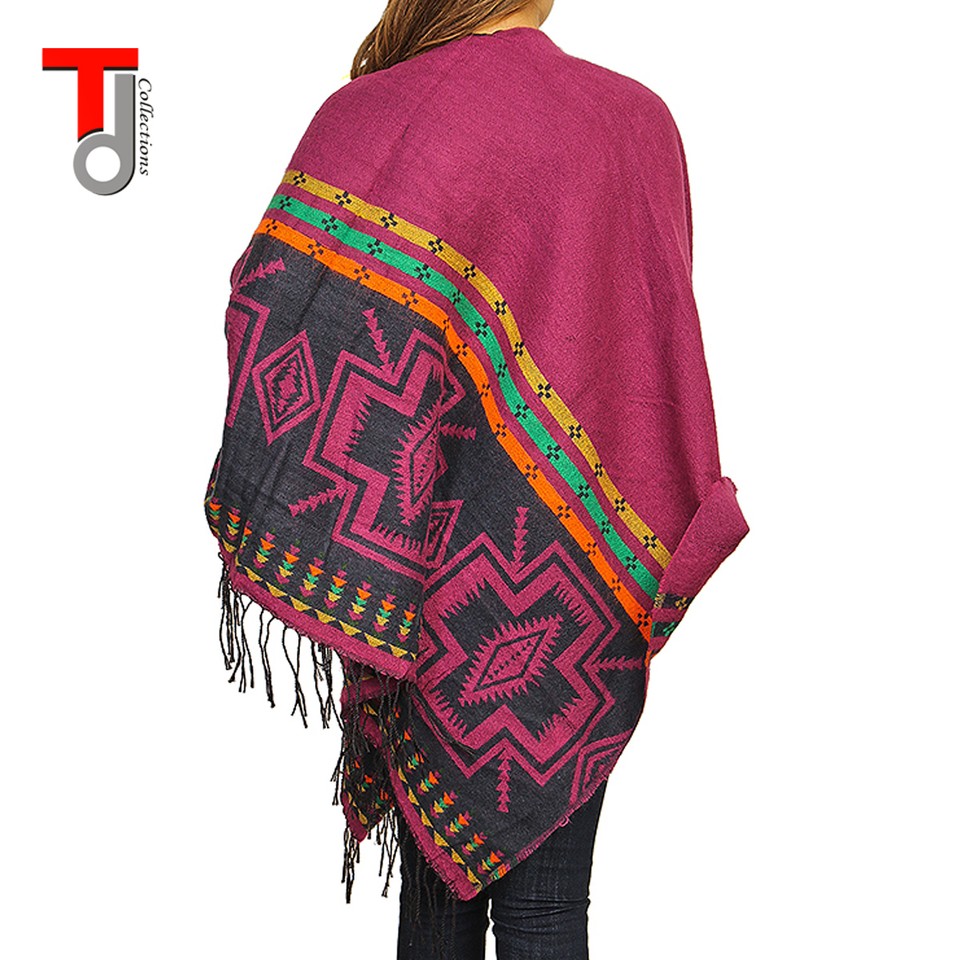 Winter Aztec Kimono New Print Fringed Colorful Oversize Poncho Blanket ...