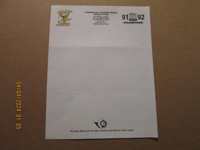 COHL Thunder Bay Thunder Hawks Vintage Unused Team Logo Hockey ...