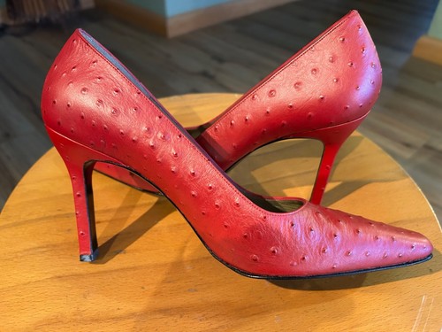 Charles Jordan Women's Red Leather Slip On High Heels Shoes Pump Size ...