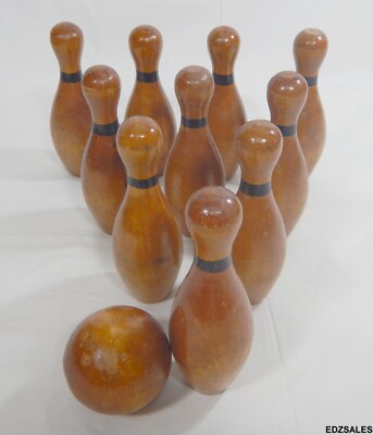 Vintage 10 Wood Pin Bowling Set w/ Wood Ball antique toy skittle game ...