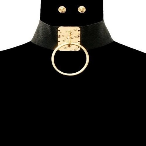 Black Faux Leather Textured Choker Statement Necklace Set with Door ...