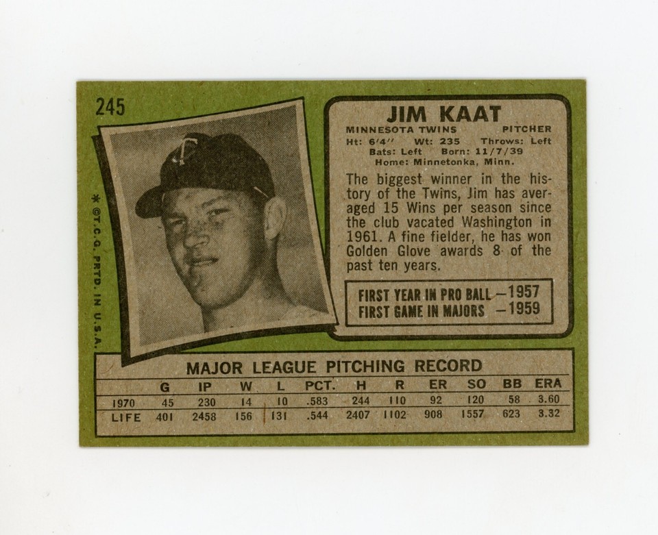 Jim Kaat 1971 Topps (HOF) Minnesota Twins #245 NM-MT | eBay