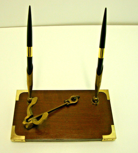MCM Desk Set Brass Anchor Pen Holders Wood Base Military Nautical Pens ...