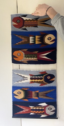 Vintage Tumi Ecuador hand woven wool tapestry vibrant fish wall hanging ...