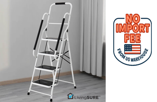 LivingSURE Folding 4-Step Safety Ladder - Heavy Duty Steel, Anti-Slip ...