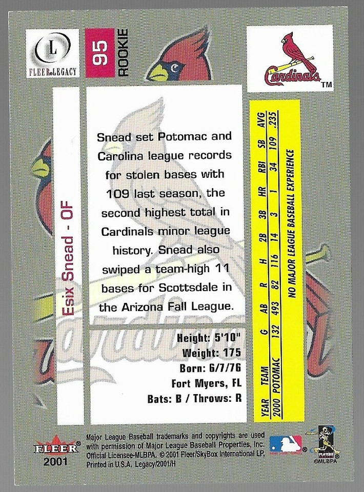 Esix Snead 2001 Fleer Legacy Rookie Autograph #95 /799 Cardinals ...