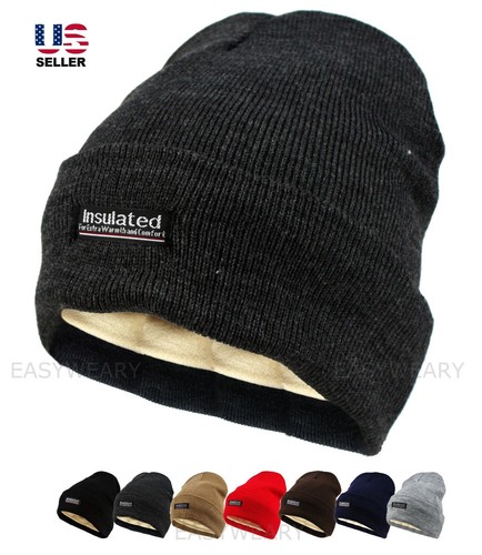 Mens Womens Winter Thermal Fleece Lined Insulated Knit Beanie Hat Cuff ...