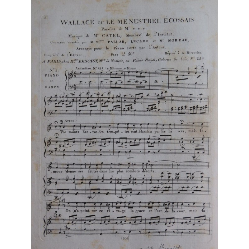 CATEL Ch. S. Wallace ou Le Ménestrel Ecossais No 1 Chant Piano ou Harpe ...