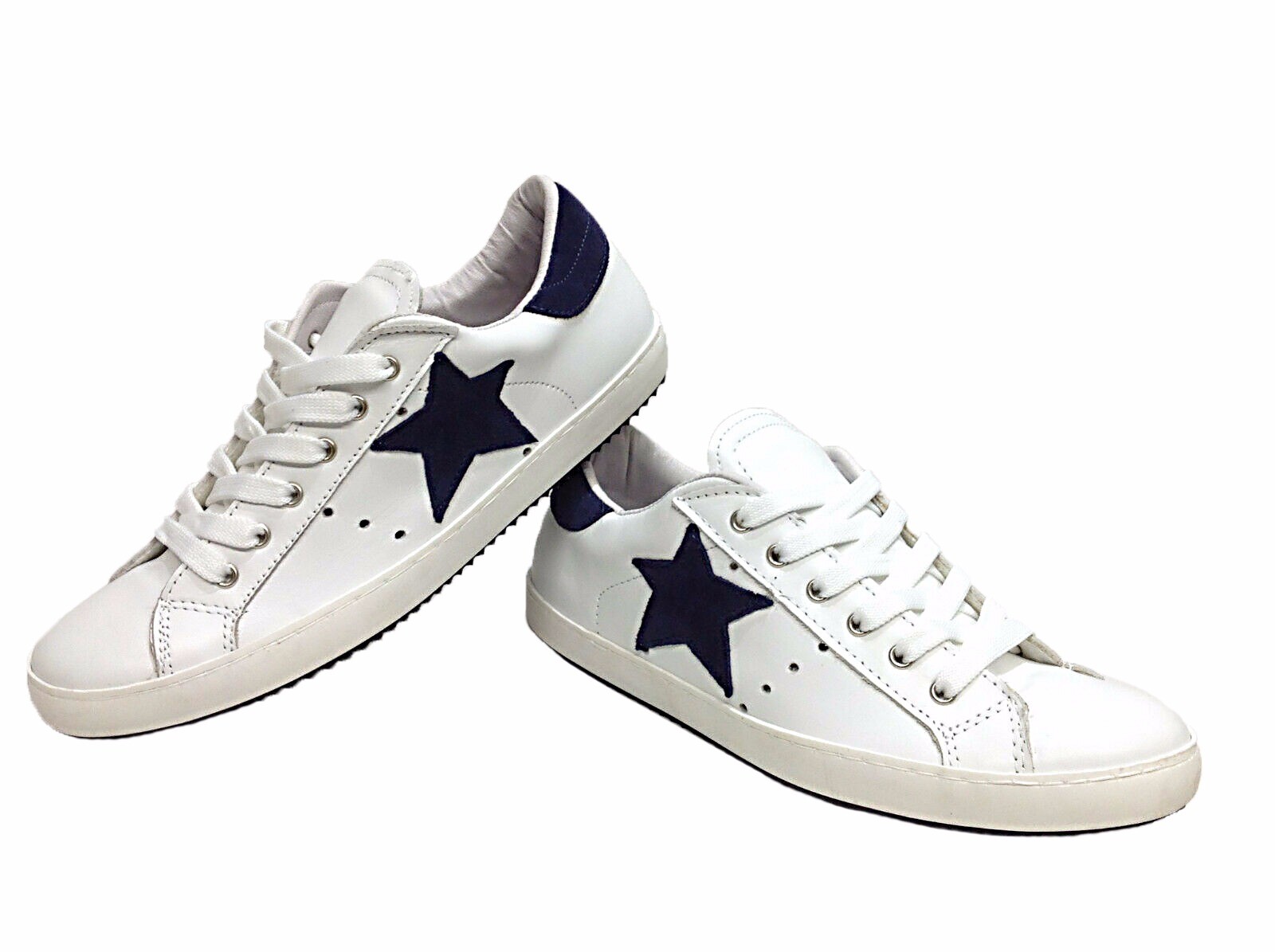 scarpe sneakers basse donna Via Condotti pelle bianco blu stella ...