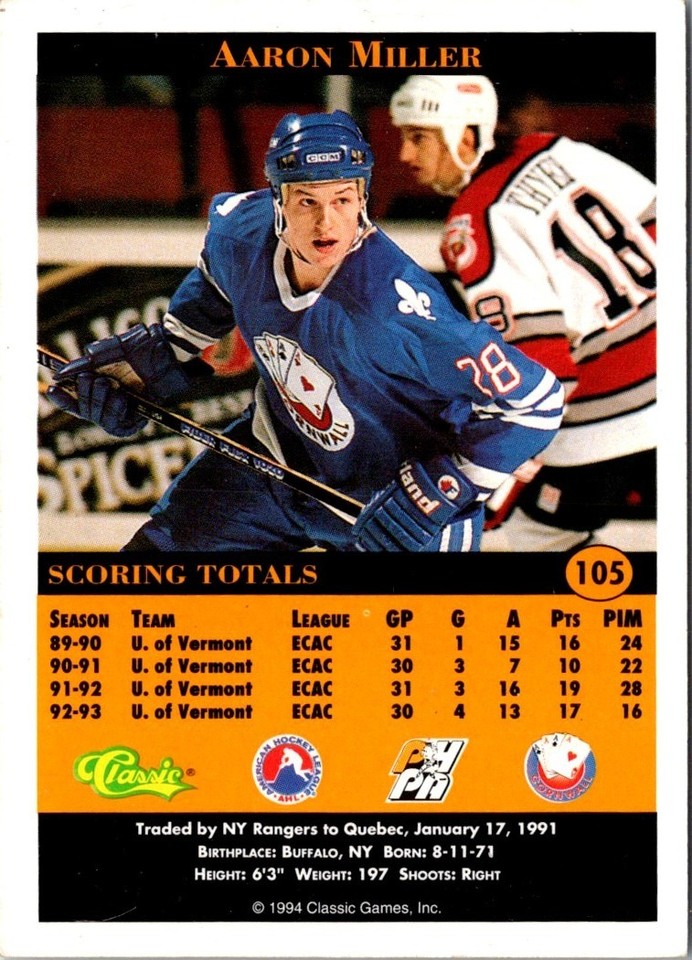 1994 Classic Pro Prospects Aaron Miller #105 Cornwall Aces Hockey Card ...