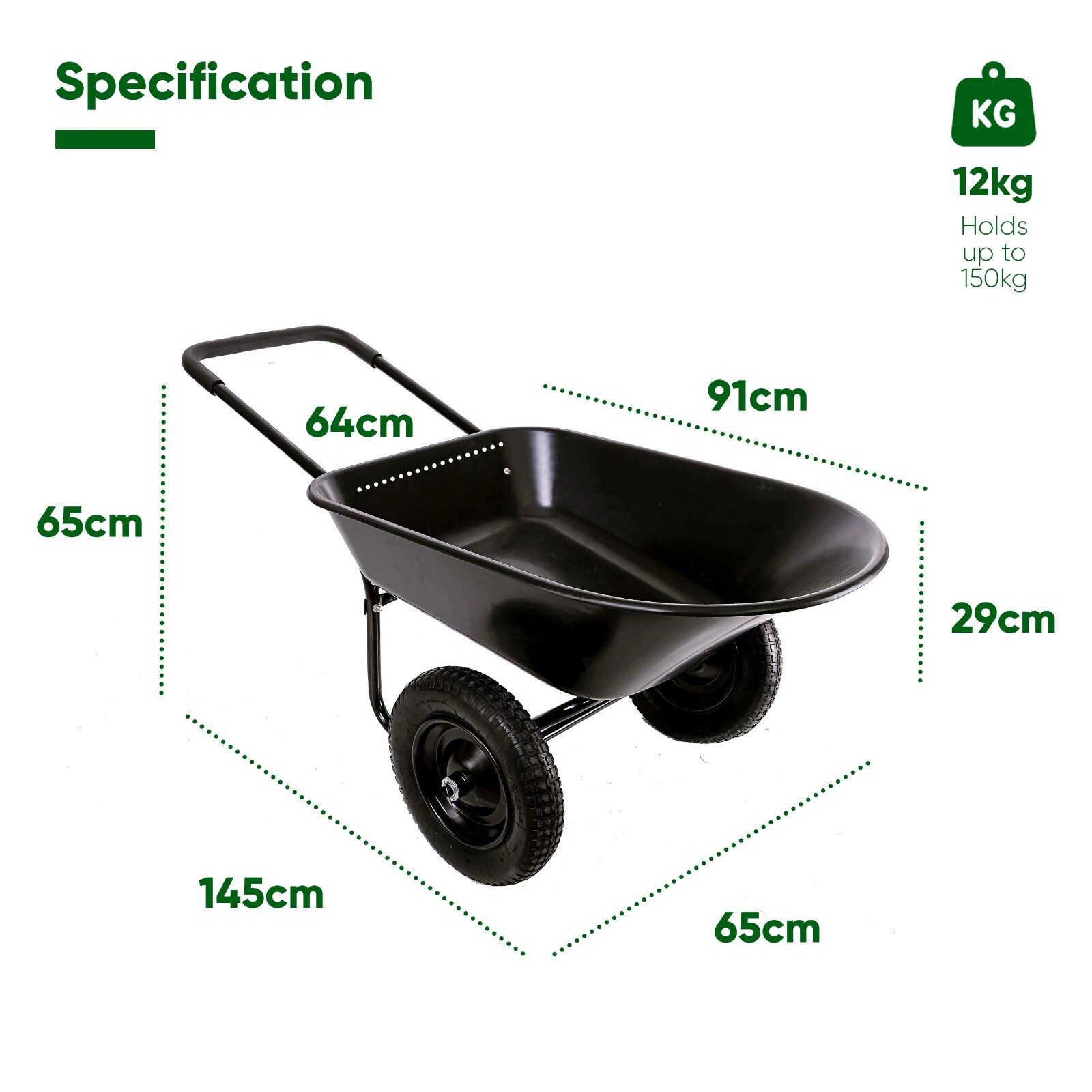 Garden WHEELBARROW 150kg Heavy Duty 85L Plastic Yard Barrow 2 Wheels ...