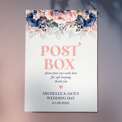 Personalised Navy & Pink Floral Post Box Sign for Wedding / Birthday ...