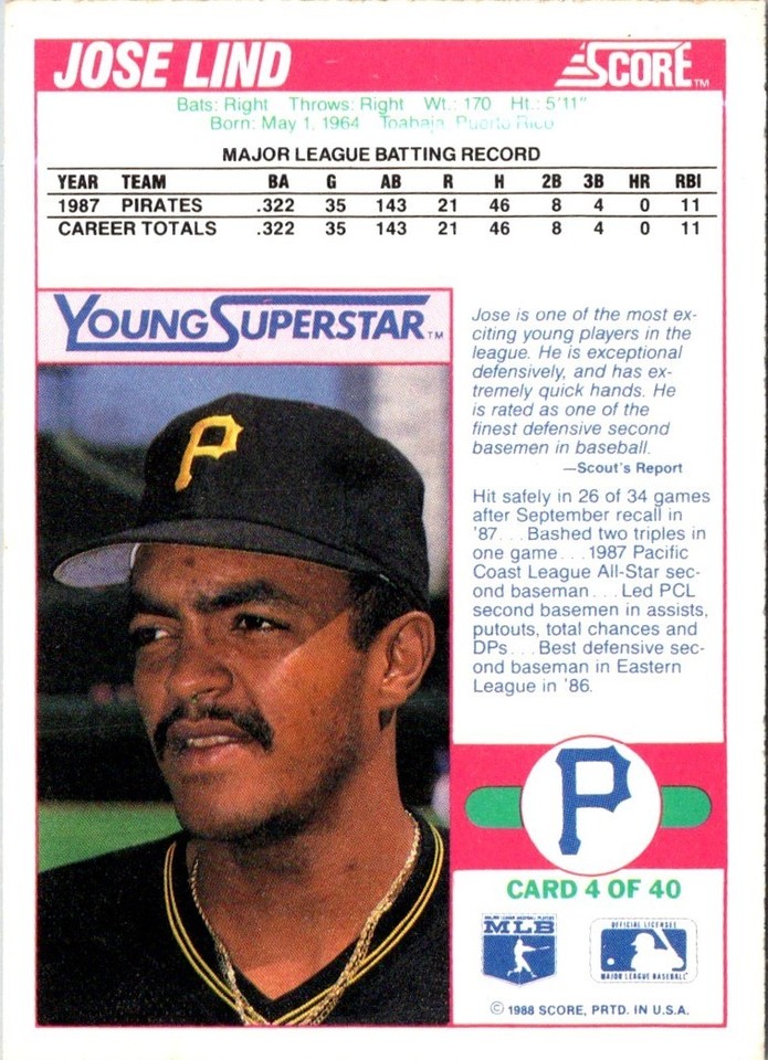 1988 Score Young Superstars II Jose Lind #4 Pittsburgh Pirates Baseball ...