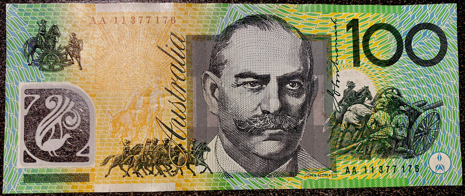 💵 Sacred AA First Prefix Australian $ 100 One Hundred Dollars Bank note ...