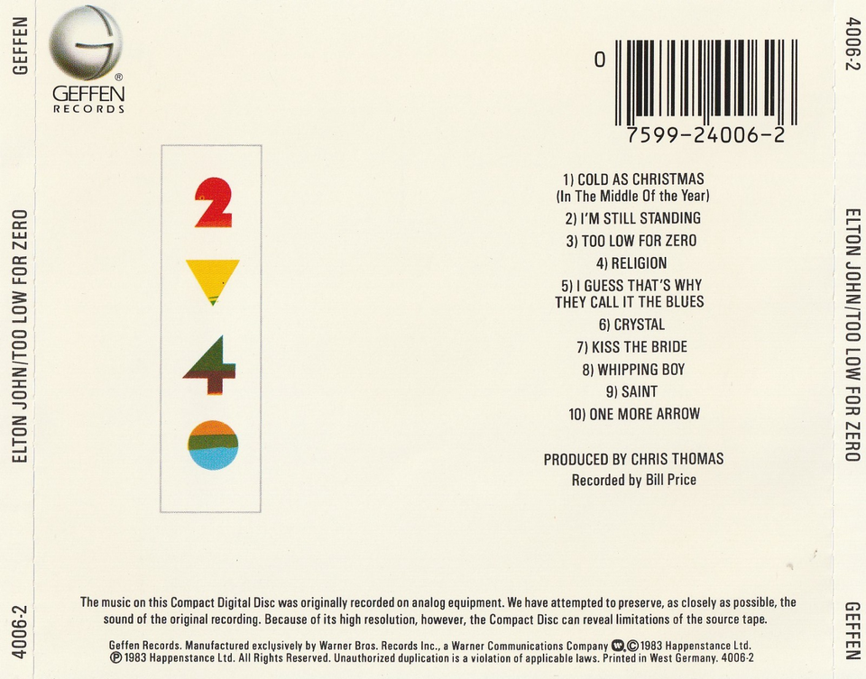 ELTON JOHN too low for zero BERNIE TAUPIN JAMES NEWTON-HOWARD STEVIE ...