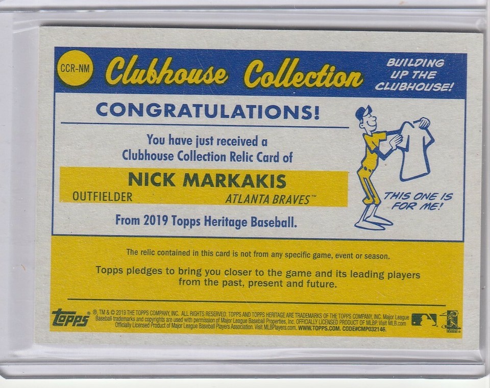 Nick Markakis 2019 Topps Heritage Clubhouse Collection Jersey Atlanta ...