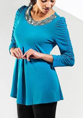 NEW Glitterscape® Stretch Knit Ruched Sleeve Pleated Front Embellished ...
