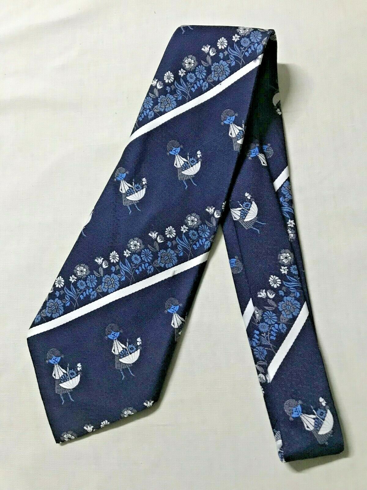 Vintage 1970's Kipper Necktie Wide Neck Tie - Blue Stripe Flower Girl ...