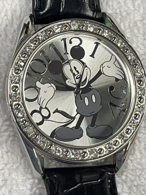 Disney Mickey Mouse Watch W/ Faux Diamonds Black Leather Band - New ...
