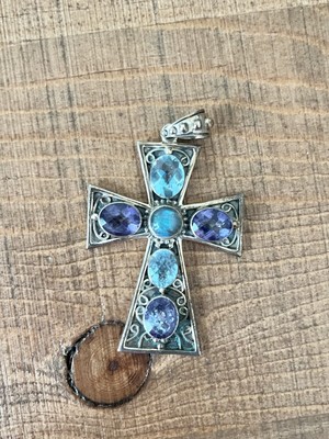 Large cross Sterling Silver 925 Nicky Butler Real Multi-Color Gemstone ...