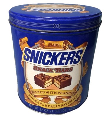 Snickers Snack Bars Metal Collectors Tin ~ 6” Tall x 5.5 Round Empty ...