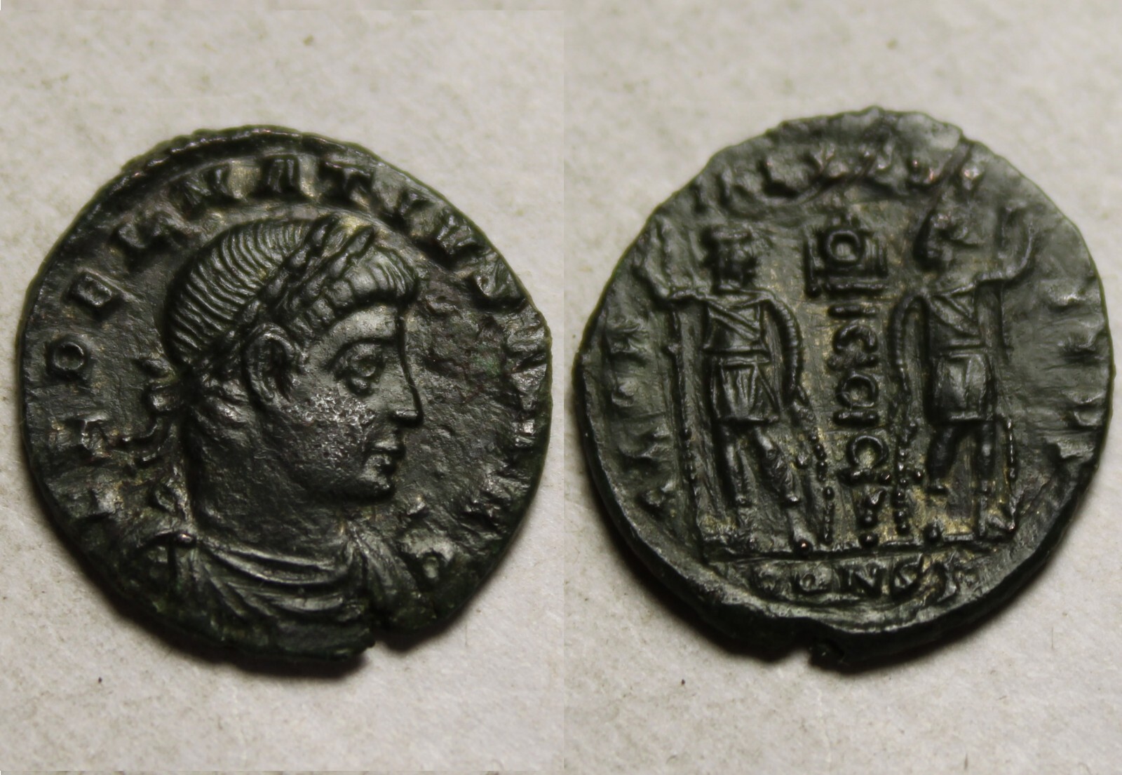 Rare genuine ancient Roman coin Delmatius 336AD Legion Soldiers spears ...