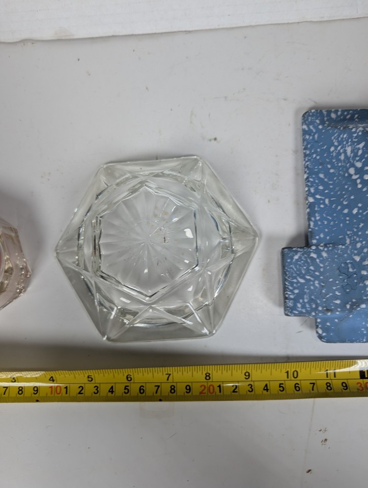 Vintage Ashtray Lot 3 Glass Metal Clear Pressed Advertising Pink Label ...