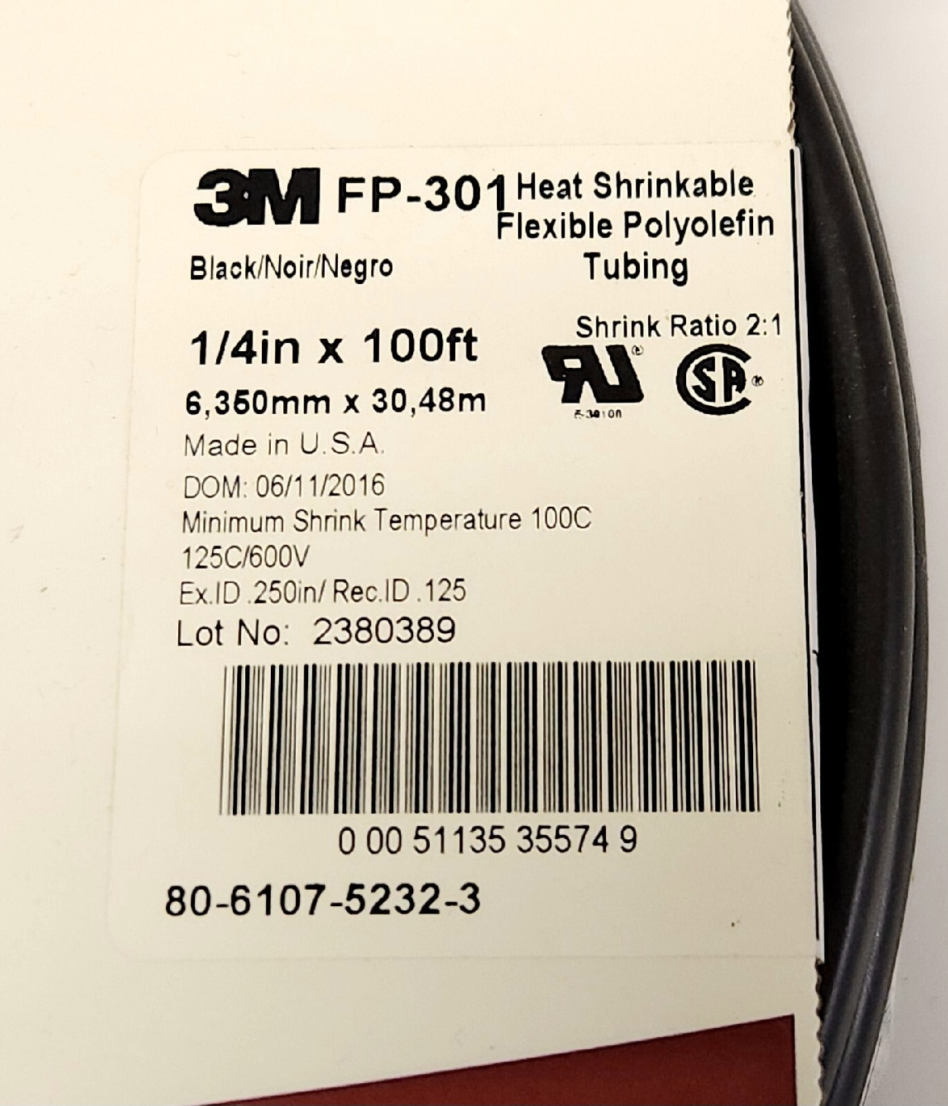 3M FP 301 1/4" X 100 Feet Heat Shrink Tubing Ratio 2:1 6,350mm x 30,48 ...