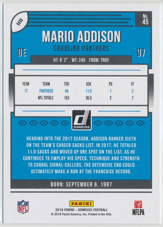 Mario Addison - Carolina Panthers - 2018 Panini Donruss Football - Base ...