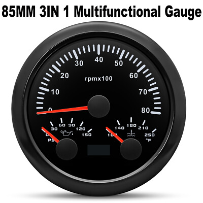 85mm 3in 1 Multifunction Gauge Tachometer 8000RPM Oil Pressure Water ...