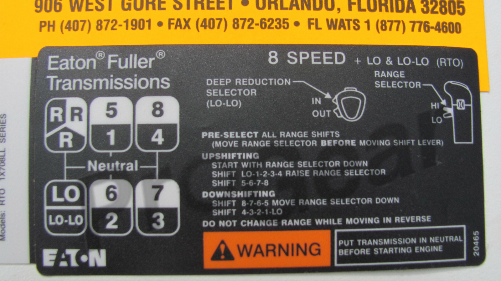 RTOF RTO 8LL speed reverse "H" shift pattern 20465 Eaton Fuller ...