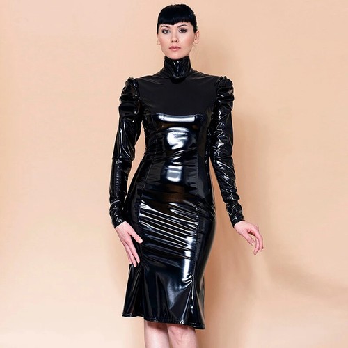 Women's Sexy PVC Patent Long Sleeve Bodycon Ruffles Gothic Leather Midi ...