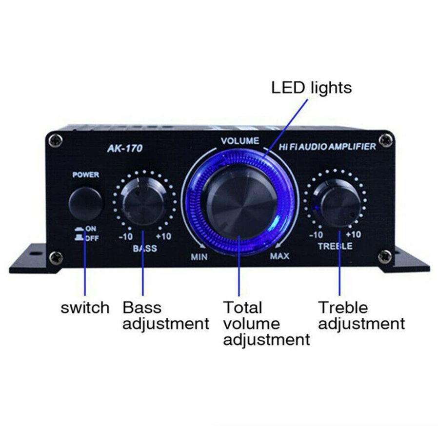 400W 12V 2 Channel Powerful Stereo Audio Power Amplifier HiFi Bass Amp ...