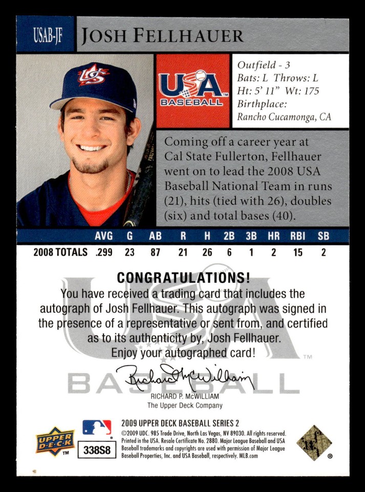 Josh Fellhauer 2009 Upper Deck #USAB-JF USA National Team Autographs | eBay