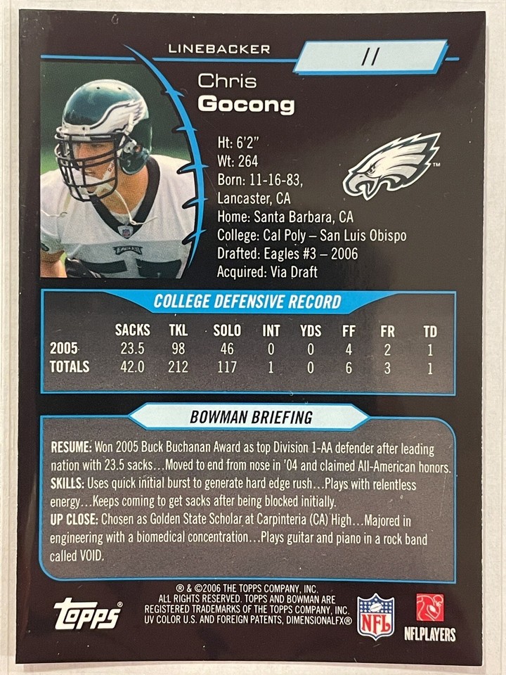 2006 Bowman Chris Gocong Rookie RC #11 Football Philadelphia Eagles | eBay