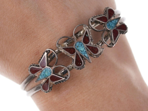 Native American Sterling/turquoise/Coral Chip inlay butterfly cuff ...