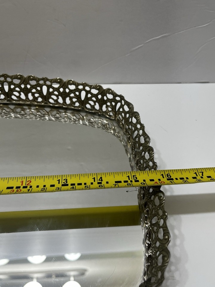 Vintage Oval Vanity Tray Mirrored Silver Plated Filigree Metal Trim 15 ...