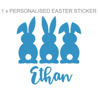 1 x BLUE PERSONALISED EASTER - BUNNY VINYL STICKER - BOX CRATE EGG HUNT ...
