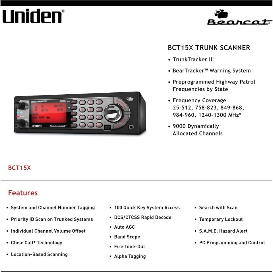 UNIDEN BEARCAT BCT15X TRUNKTRACKER III ANALOG POLICE RADIO SCANNER ...