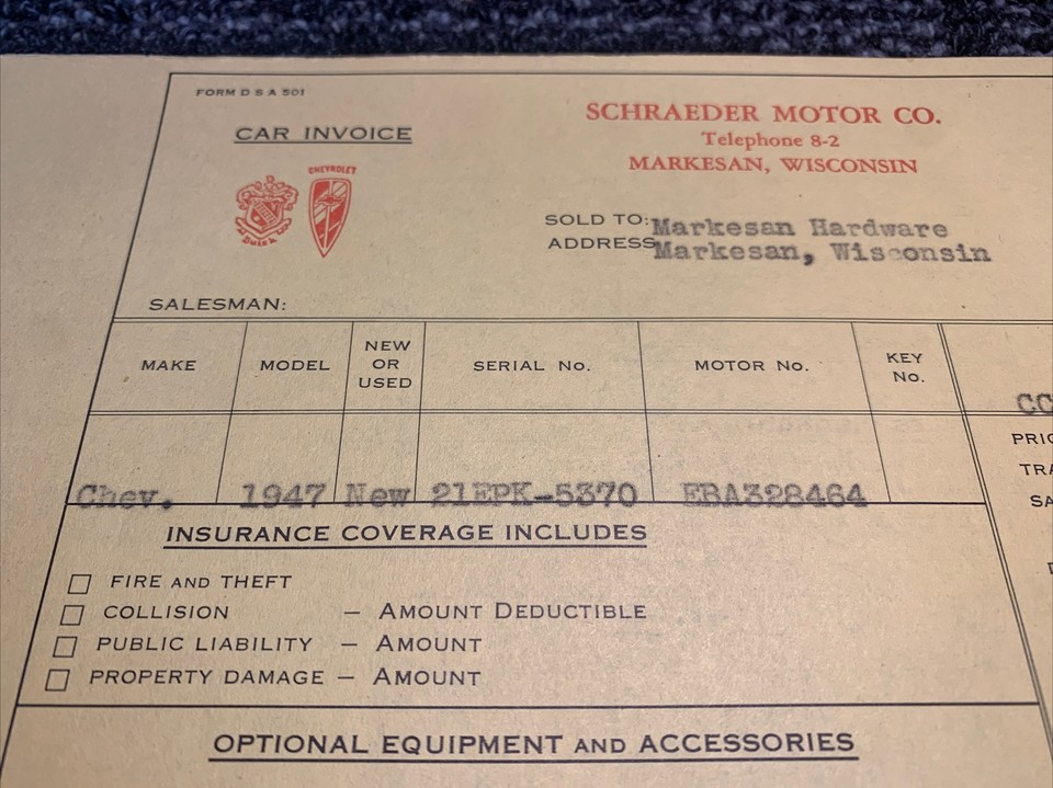 Vtg 1947 Chevrolet New Auto Dealer Sales Receipt Car Dealership Invoice ...