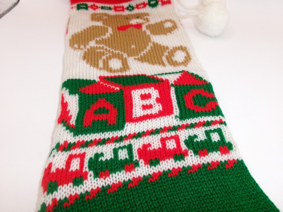 Vtg Christmas Teddy Bear Knit Stocking Red Green White Tan Pom Poms 17 ...