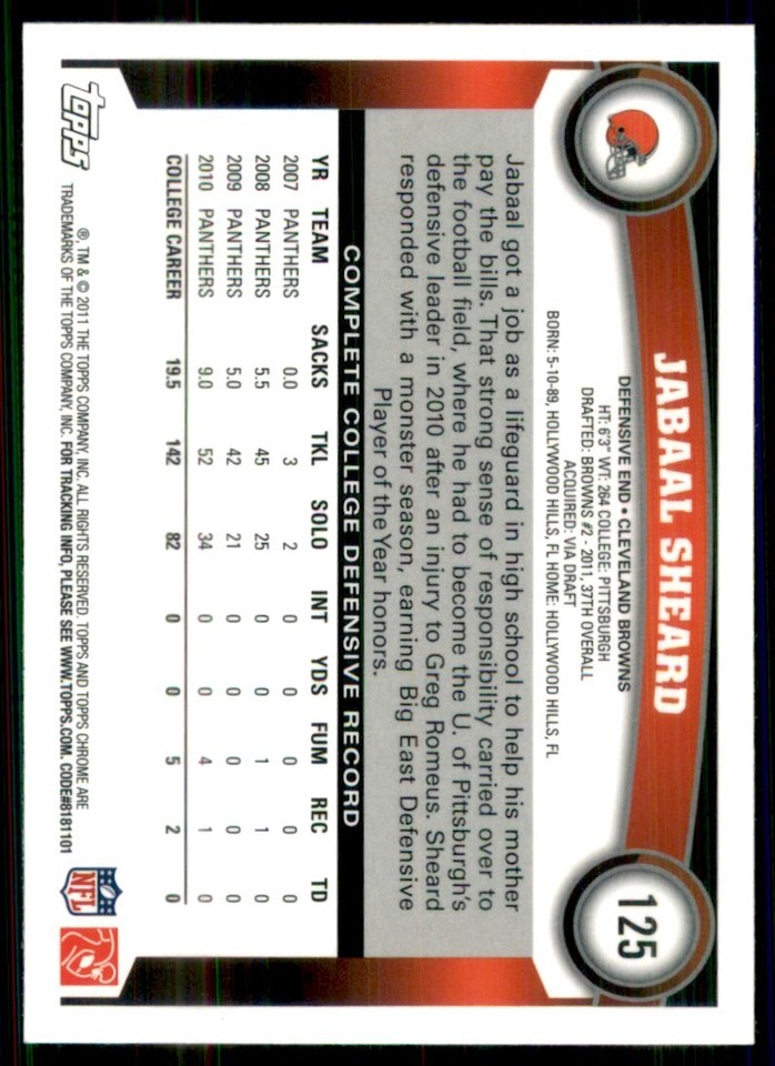 2011 Topps Chrome Blue Refractors Jabaal Sheard Cleveland Browns #125 ...