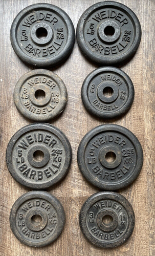 Vintage WEIDER 4x5 lb, & 4x3 lb BARBELL WEIGHT PLATES 1" HOLE 32 LBS ...