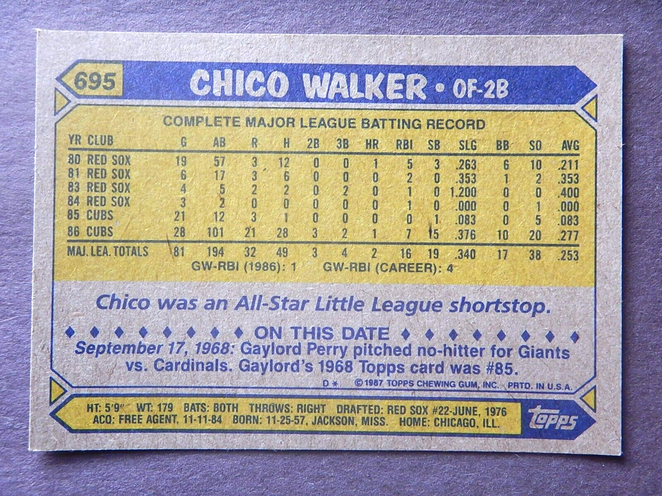 Chico Walker #695 Topps 1987 Baseball Card (Chicago Cubs) | eBay