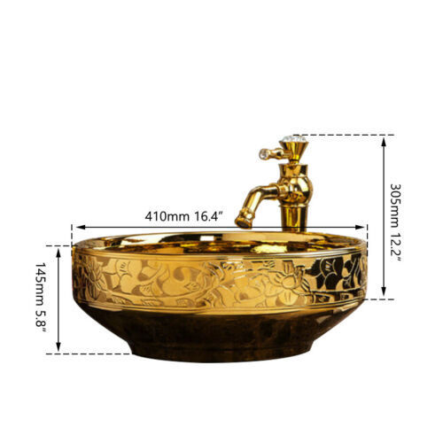 Round Bathroom Gold Ceramic Basin Sink Faucet Gold Faucet Sets Deck ...
