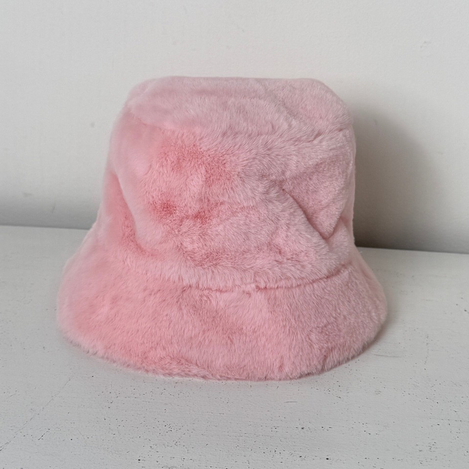 Pink Faux Fur Bucket Hat Embroidered Red Heart One Size Women Claire's ...