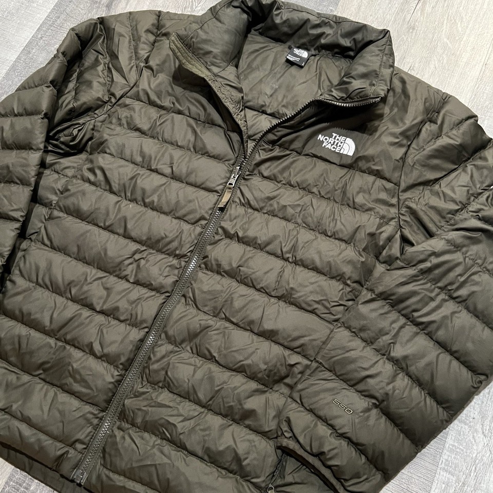 The North Face 550 FLARE Jacket Goose Down Puffer Full Zip Taupe Green ...