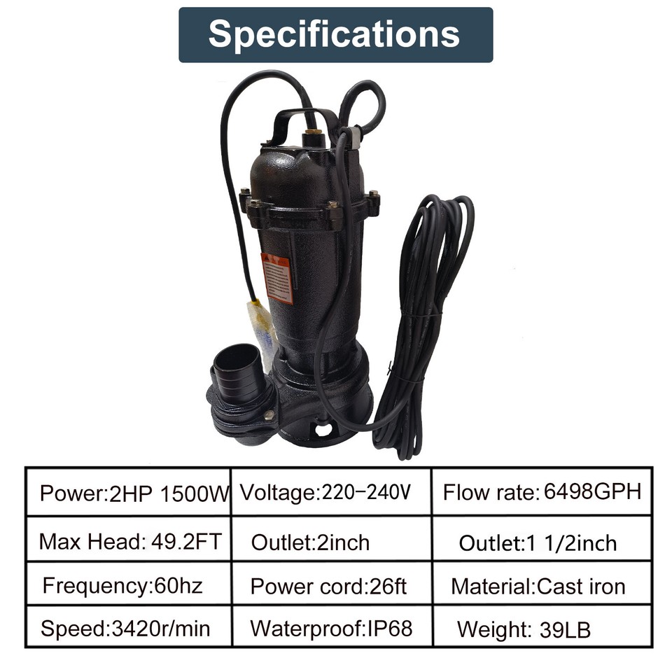 2HP Cast Iron Sewage Submersibl Pump 6498GPH w/26ft Cord Float Switch ...
